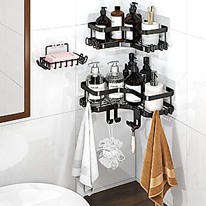 biukpci 4 Pack Corner Shower Caddy,Shower Organizer,Adhesive Stainless Steel Bathroom Shelf with Soap Dish Holder and 15 Hooks,No Drilling