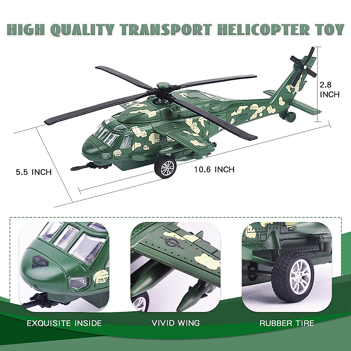 OTONOPI Military Helicopter Toy with Lights and Sounds, Die Cast Metal Airplane Pull Back Army Plane Toys for Kids Children Boys Girl