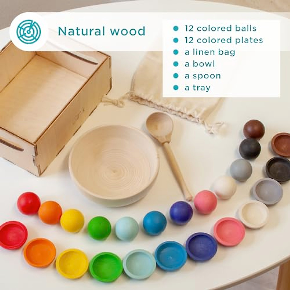 Ulanik Balls on Plates Toddler Montessori Toys for 1+ Year Old Kids Wooden Matching Game for Learning Color Sorting and Counting — 12 Balls, 1.18 in