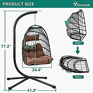 YITAHOME Hanging Egg Swing Chair Outdoor Wicker Hammock Chairs Indoor with Steel Stand UV Resistant Cushion 350lbs for Patio, Bedroom, Garden and Balcony, Brown