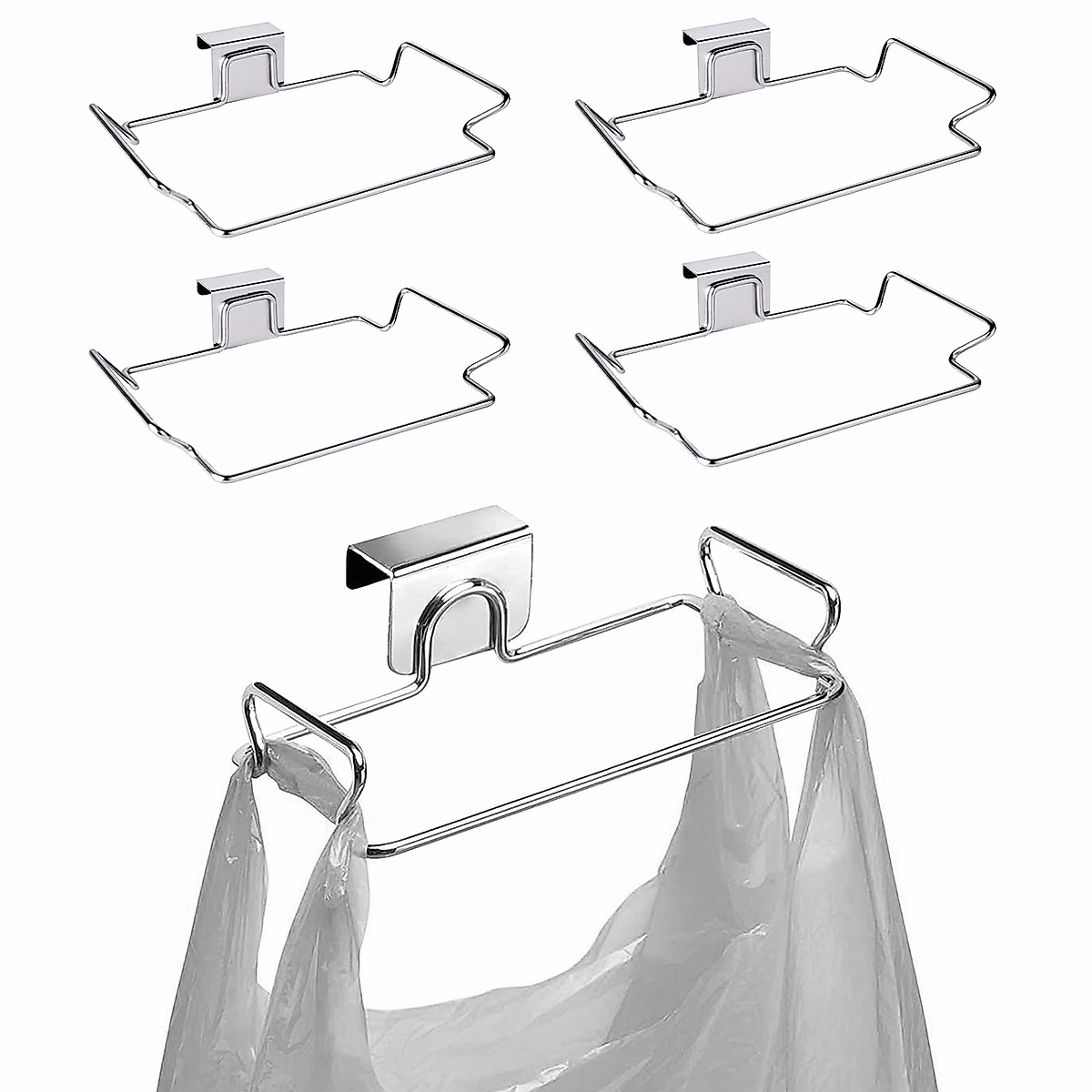 4 PCS Stainless Steel Trash Bag Holder for Kitchen Cabinet Door Cupboards, Under Sink Hanging Garbage Bag Holder, Metal Over Cabinet Door Trash Bag Holder for Kitchen RV Camper (Silver)