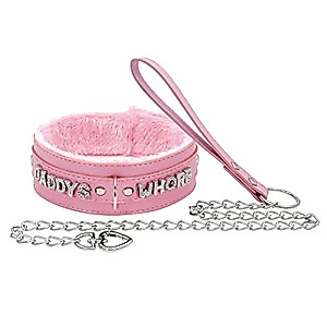paloli Pink Choker Necklace for Women Leather Collar Fluffy Punk Leash Neck Choker Gothic Cosplay Sexy Jewelries