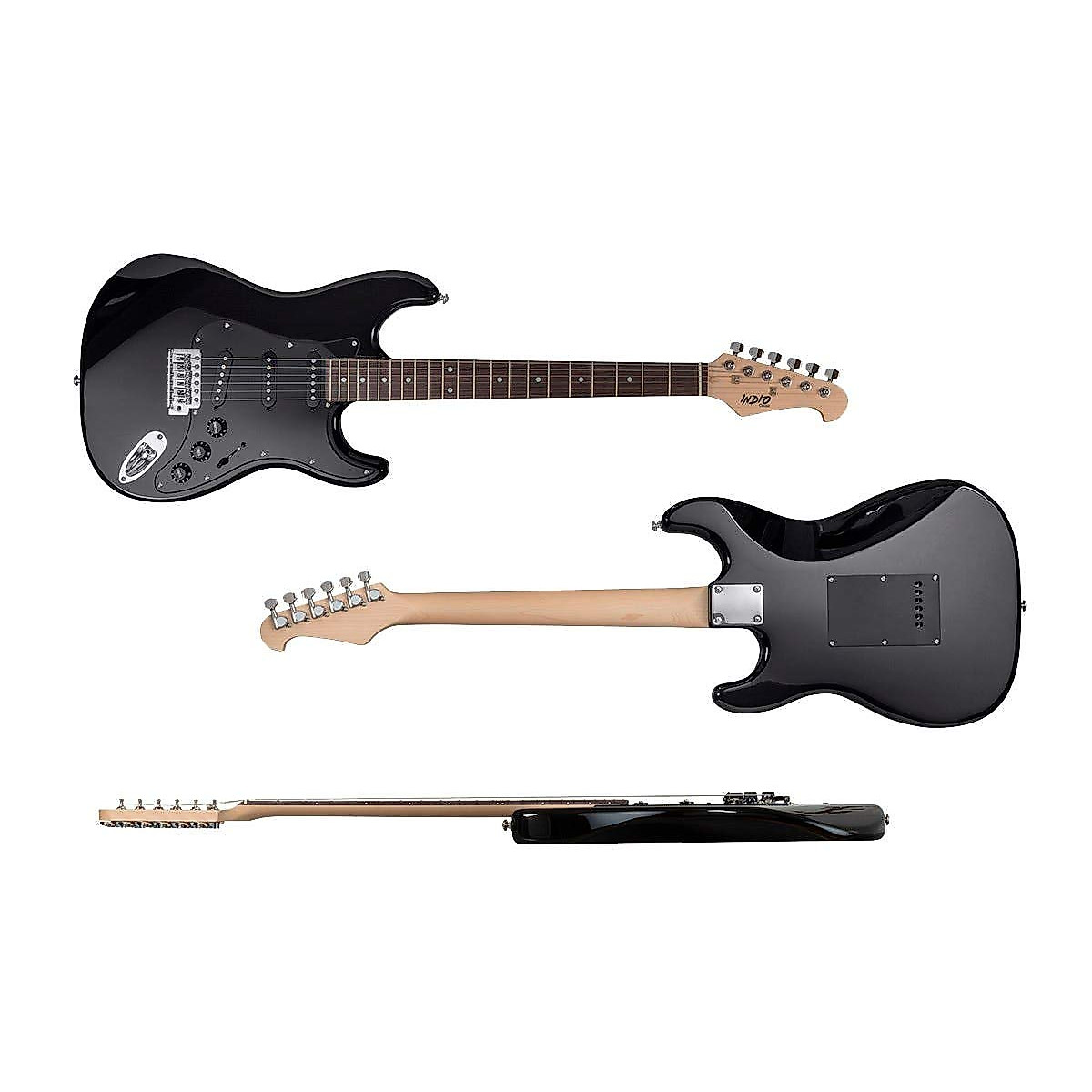 Monoprice Cali Classic Electric Guitar - Black, 6 Strings, Double-Cutaway Solid Body, Right Handed, SSS Pickups, Full-Range Tone, With Gig Bag, Perfect for Beginners - Indio Series