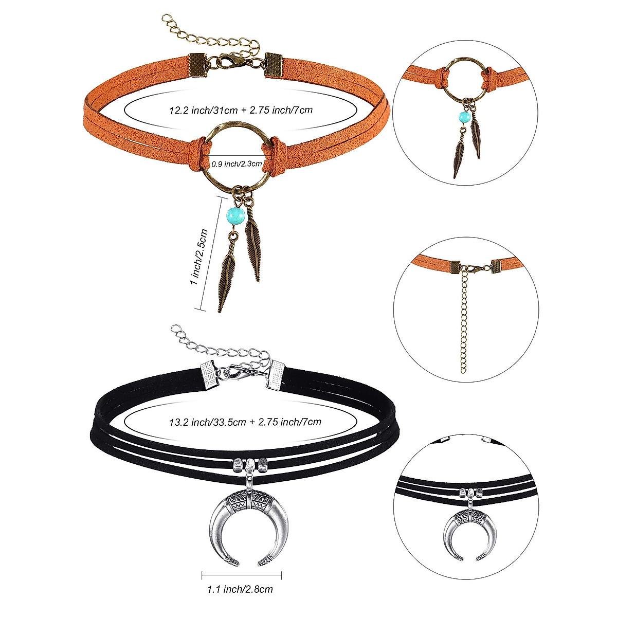 Hicarer 3 Pieces Suede Choker Necklaces American Indian Feather Handmade Necklaces Adjustable Leather Turquoise Choker Necklace Moon Crescent Pendant Choker for Women Accessories