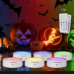 EverBrite Puck Lights with Remote, Wireless LED Puck Lights Battery Operated, 13 RGB Colors Changing Under Cabinet Lights, Dimmable Closet Lights with Timer, Battery Included (6-Pack)