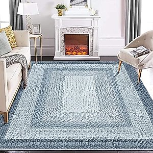 COZYLOOM Braided Print Home Indoor Area Rug 4x6 Rug for Entryway Living Room Bedroom Kitchen Dining Farmhouse Retro Area Rug Non Slip Backing Low Pile Floor Cover Non-Shedding Accent Rug Blue
