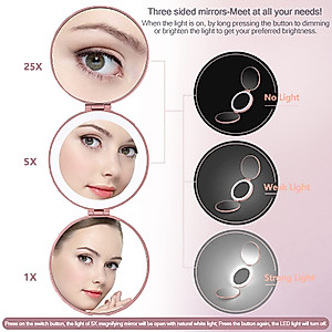 B Beauty Planet 25X Magnifying Mirror with Light, 25X/5X/1X Travel Lighted Makeup Mirror,Portable LED Compact Mirror,Handheld Folding Rechargeable Ring Light Mirror