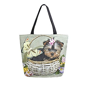 Women Top Bag Handle Handbags Shoulder Bag Yorkie Puppy With Daisy Tote Washed Canvas Purses Bag (be11d)