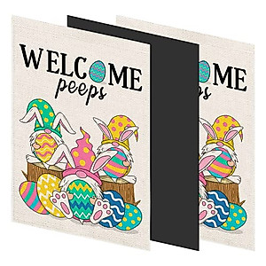 Ksoemar Easter Flag 28 x 40 Double Sided, Welcome Peeps Bunny Gnomes Easter House Flags, Large Burlap Yard Flag,Spring Gnomes Eggs Rabbit Welcome Easter House Decoration