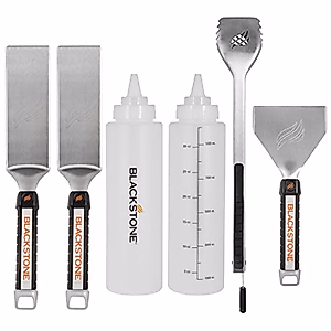 Blackstone 5322 Griddle Kit (6-Piece) Scraper, Heavy Duty BBQ Tongs, Barbecue Metal Hamburger Spatula (2) & Batter Dispenser & Mixer Bottle – Grilling Tools & Accessory, Black