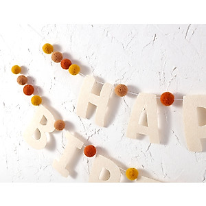 Boho Felt Happy Birthday Garland - Natural Handmade Wool Letters & Balls, Boho Birthday Decoration, Decorations for Children's Birthday Parties, Assembled Happy Birthday Banner
