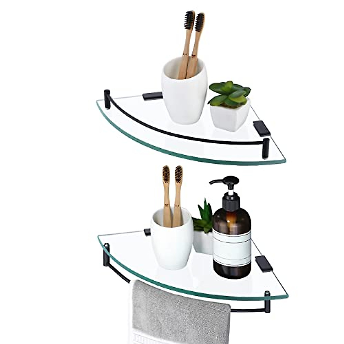 KES Glass Corner Shelf Bathroom Shelf Tempered Glass with Rail SUS 304 Stainless Steel Floating Wall Mount Bracket Matte Black, BGS2101A-BK