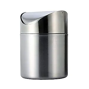 Stainless Steel Small Trash Cans , Trumpet Desktops Mini Creative Covered Desk Kitchen Living Room Trash Cans 5" x 6.5" inch
