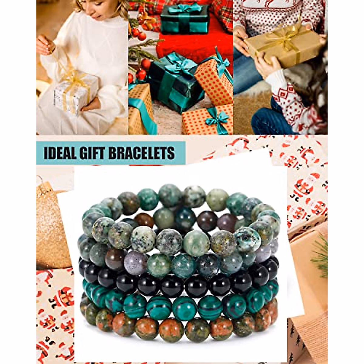 BOMAIL 5PCS Semi-Precious Gemstone Bracelet - Healing Crystal Stone Beaded Bracelets for Women Men 8mm Round Beaded Stretch Bracelets Unisex Stress Relief Yoga Bracelets Gifts