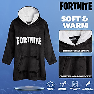 FORTNITE Oversized Hoodie Blanket Kids Fleece Extra Long Wearable Blanket Hooded Poncho Boys Girls Teens 14+ (Black)
