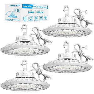 240W LED UFO High Bay Light White 4PACK, High Bay LED Lights 36,000LM 0-10V Dimmable High Bay LED Shop Lights, 5' Cable US Plug, Hanging Hook, Safe Rope, ETL Listed for Warehouse Factory Barn Shop