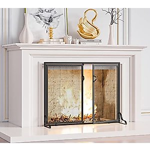 Kingson 37.8x30.7 in Fireplace Screen with Doors, 2-Pannel Handcrafted Solid Wrought Iron Decorative Mesh Classic Fire Spark Guard-Black