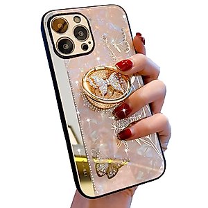 Topwin iPhone 13 Pro Max 6.7'' Kickstand Case - Bling Glitter Marble Pearl, Elegant Rhinestone Diamond (Rose Gold)