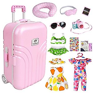 18 Inch Doll Travel Play Set - Doll Accessories with Carry on Suitcase Luggage, 3 Sets of Doll Clothes, Doll Travel Gear Play Set Fit for Girl Dolls(Doll Accessories with Suitcase)