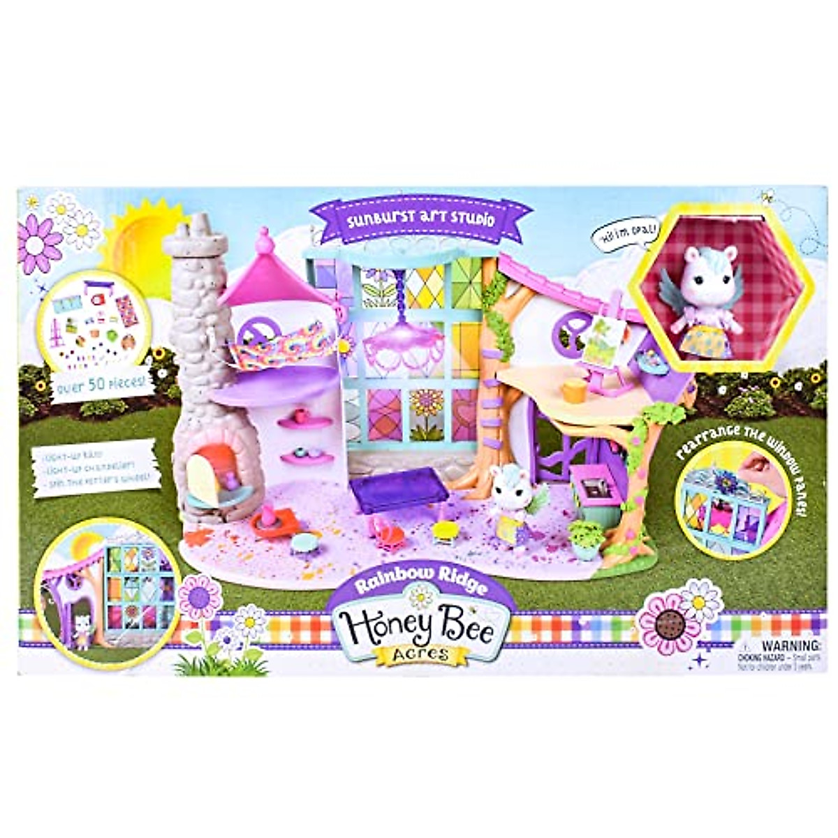 Sunny Days Entertainment Honey Bee Acres Rainbow Ridge Sunburst Art Studio – 50 Furniture Accessories with Exclusive Unicorn Figure | Light Up Dollhouse Playset | Pink Pretend Play Toys for Kids
