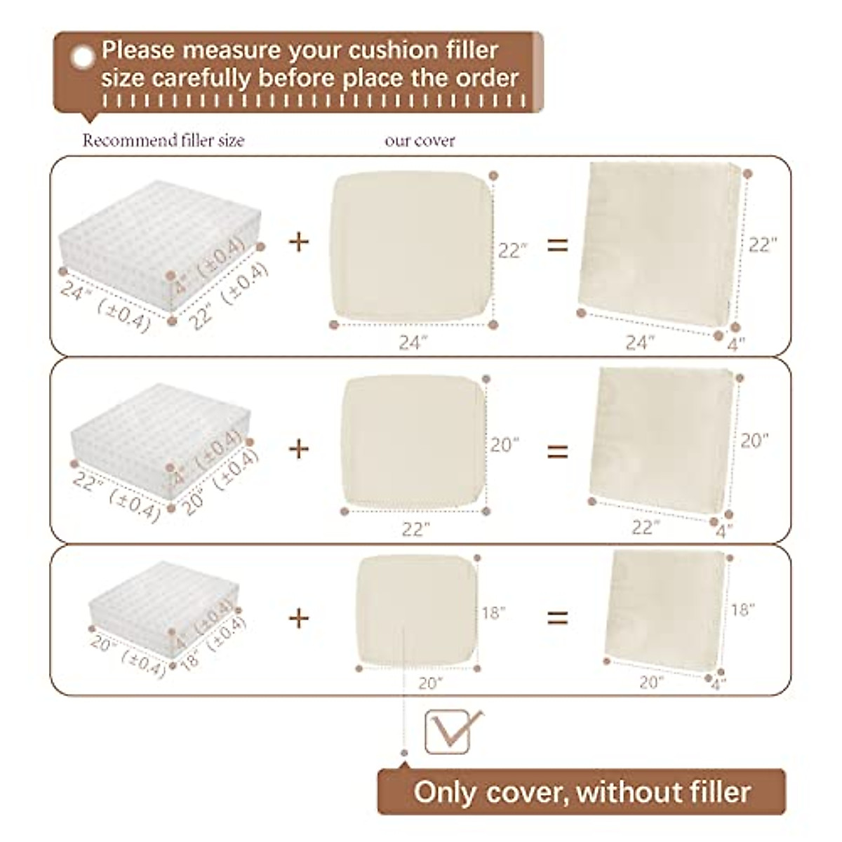 idee-home Patio Cushion Covers Replacement, Outdoor Cushion Covers Slipcovers for Patio Furniture, Couch Seat Cushions Cover with Zipper, Sunbrella Waterproof Slip Covers Outside (Set of 6, 20x22 in)