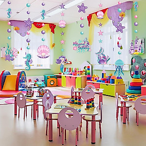 Cindeer 8 Pcs Mermaid Birthday Party Decorations Under The Sea Paper Garland Jellyfish Starfish Hippocampus Ocean Castle Hanging Banner Decor for Girls Mermaid Baby Shower Party Supplies