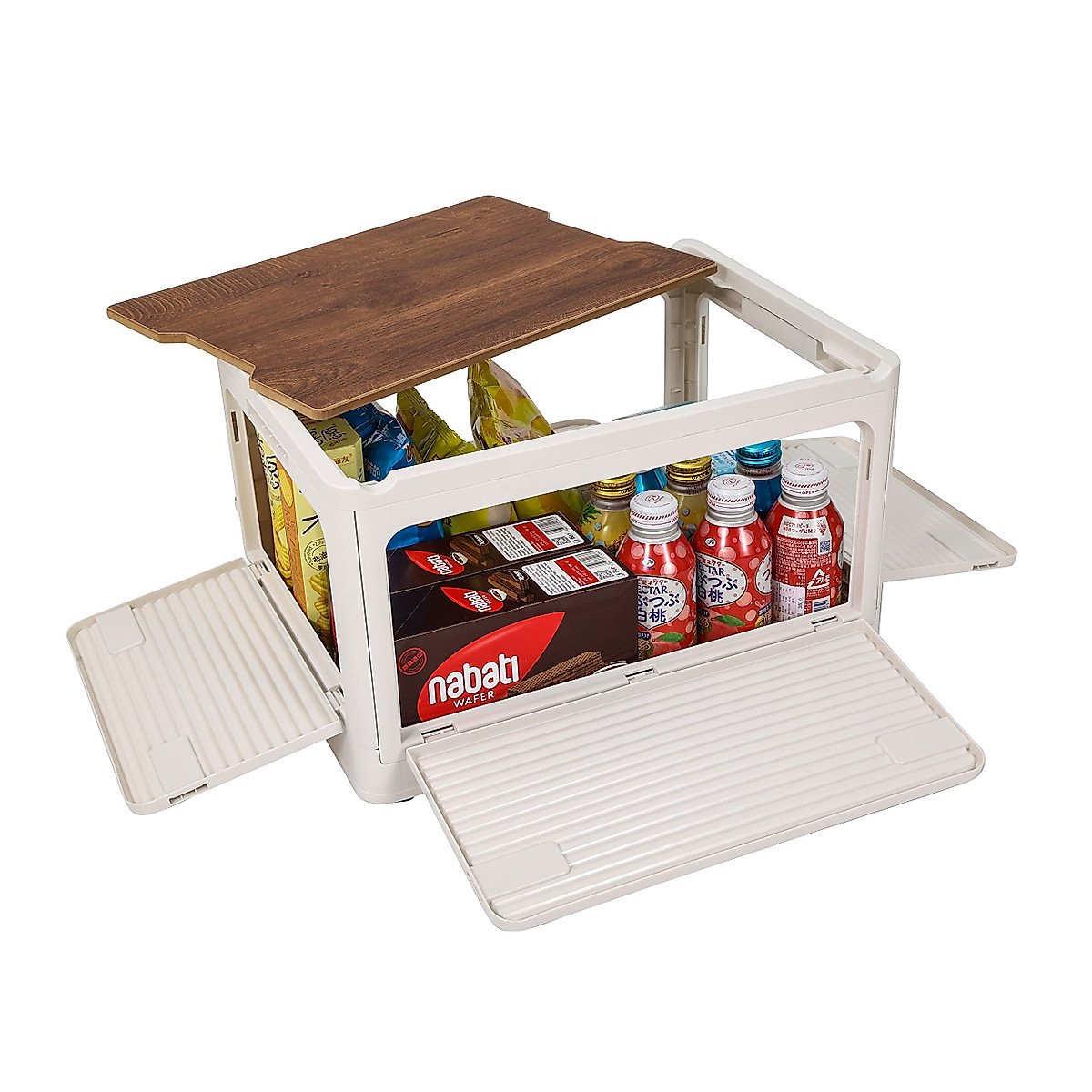 The foldable outdoor camping storage box has a large capacity of 48L, the foldable storage box equipped with a wooden cover and rollers can be used for indoor,car trunk and camping.