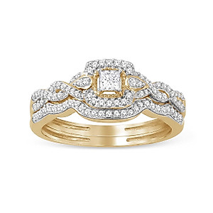 DZON 10k Yellow Gold 1/3CT TDW Diamond Halo Princess-Cut Engagement Ring Set Love Gift for Women (I-J,I2)
