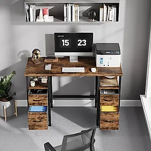 YAOHUOO 47 Inches Computer Desk with 4 Fabric Drawers, Small Office Desk with File Drawers, Writing Desk for Home Office, Work Table for Bedroom, Rustic Brown