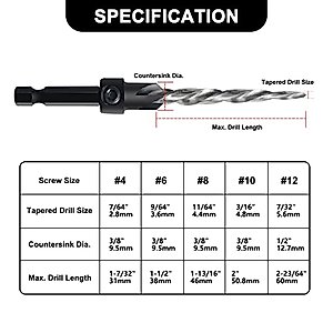 BeHappy Countersink Drill Bit Set, 5PCS M2 HSS Tapered Wood Countersink Drill Bits #4, 6, 8, 10, 12 Tapered Bit with 1/4" Hex Shank Quick, Allen Wrench, Counter Sinker Drill Bit Set for Woodworking