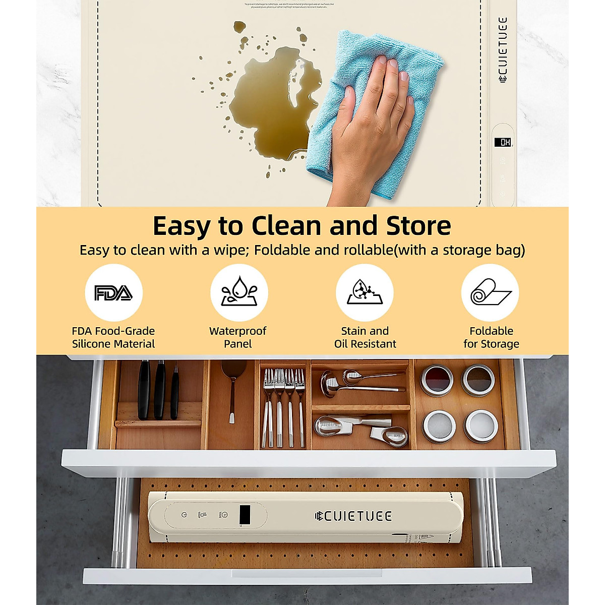 CuieTuee Electric Warming Tray 500W Upgraded Graphene Heat-Conducting Material, Rollable and Portable Food Warming Mat 6 Temperature Settings for Gatherings Parties Home Buffets Daily Use, Beige