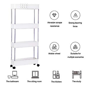 YooFZler 4 Tier Slim Storage Cart Mobile Tower Rack Rolling Shelving Unit Storage with Casters Wheels&4 Side Hoops for Kitchen Bathroom Laundry Room, White
