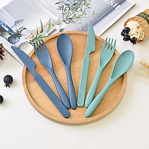 8 Sets Knives Spoons and Forks, Thickened Design Wheat Straw Cutlery, Reusable Utensils Set for Kid or Adult, Fork Spoon Knife Set for Party, Travel, Work, Picnic, Camping (Blue and green)