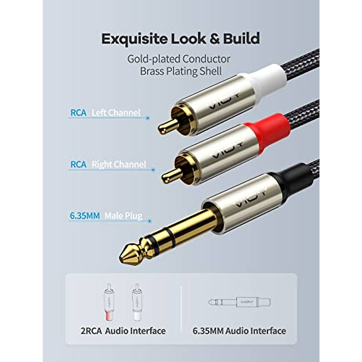 VIOY 1/4 to Dual RCA Audio Cable, Gold Plated Copper Shell Heavy Duty 6.35mm Quarter Inch Male TRS Jack to 2 RCA Phono Male Stereo Y Insert Splitter Adapter……