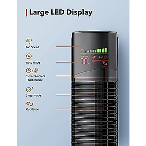 Mirdred Tower Fan with Remote, 44” Bladeless Fan, 70° Oscillating Fan for Bedroom, 3 Speeds, 3 Modes, 12H Timer, LED Display, Quiet Cooling Standing Floor Fans for Home Living Room Office, Black
