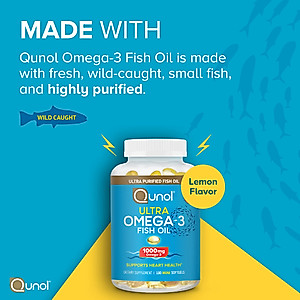 Qunol Fish Oil Omega 3 Mini Softgels, 1000mg Omega 3 EPA + DHA, Ultra Pure Supplements, Heart Health Support, Lemon Flavor, Easy to Swallow Minis, 3 Month Supply, 180 Count