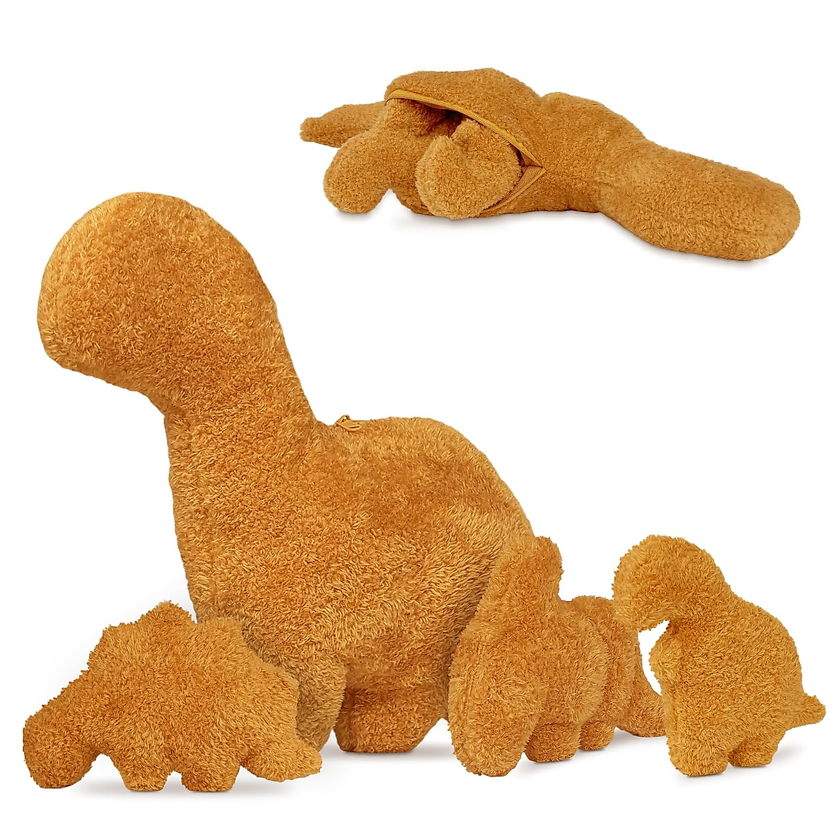 Niurewan 4 Pcs Dino Nugget Pillow Set,Large Chicken Nugget Plush with 3 Small Dinosaur Plush Toys,Dino Stuffed Animal for Birthday Gift Party Favors