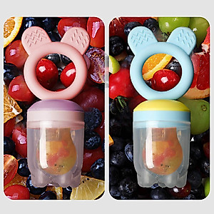 Baby Fruit Food Feeder PacifierTeether Toys Set - Silicone Fresh Food Feeder Teether with 2 mesh Silicone Bags and Teething Toys All in One Infant Teether Toys