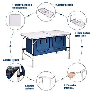 Goplus Folding Camping Table with Storage, Aluminum Outdoor Camp Table with 2-Level Adjustable Height, Lightweight Portable Foldable Picnic Table for Tailgating Beach BBQ Party RV