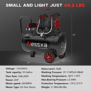 10 Gallon Ultra Quiet Air Compressor, 2HP 3.45 CFM@ 115PSI Oil-Free Air Compressor Tank, 110V/60hz, 70dB Air Compressor for Car Repair, Spray Painting, Woodwork Nailing