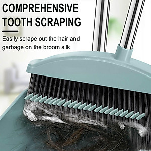 Long Handle Broom and Dustpan Set with 39.5" Squeegee Broom, Upright Standing Lobby Broom and Dust Pan and Rubber Broom, Indoor Broom with Dustpan Set for Home Kitchen Room Office Floor