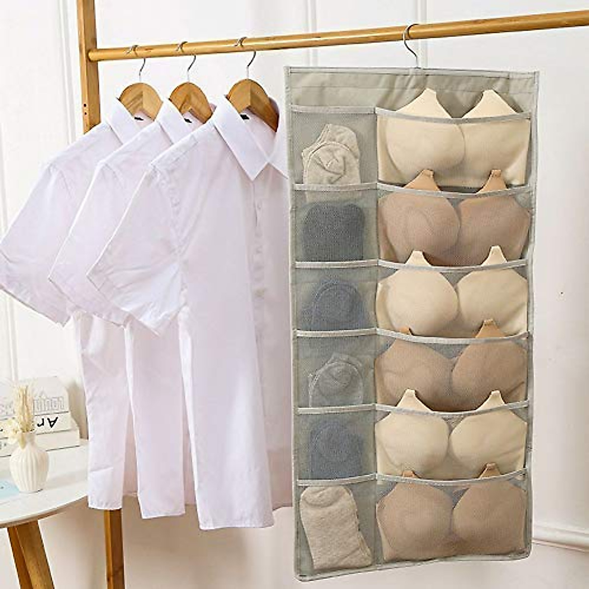 Closet Hanging Organizer with Mesh Pockets & Rotating Metal Hanger,Dual Sided Wall Shelf Wardrobe Storage Bags,Oxford Cloth Space Saver Bag for Bra Underwear Underpants Socks(white,30 Pocket)