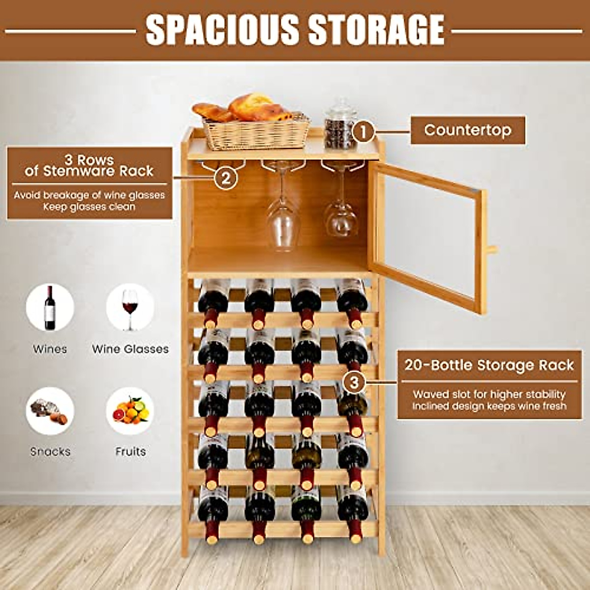 COSTWAY Freestanding Wine Rack, 20-Bottle Wine Display Shelf w/ 100% Bamboo Material, Glass Holder, Transparent Cabinet Door, Vertical Wine Bar Cabinet Organizer for Kitchen, Pantry, Home Bar