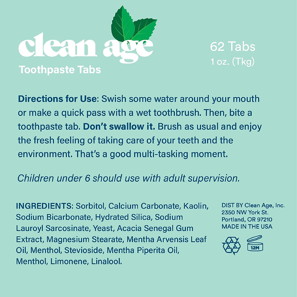 Clean Age 62 Count Mint Toothpaste Tabs (2 Count) & Bamboo Toothbrush (2 Count)