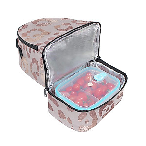 Rose Gold Leopard Lunch Tote Bag for Kid's,Double Decker Insulated Lunchbox Bag,Leakproof Thermal Cooler Bag for Men Women Youth