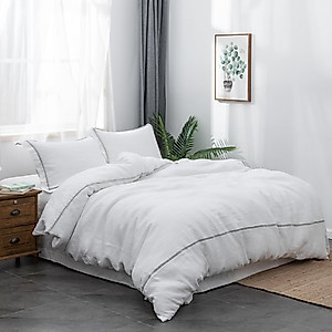 Simple&Opulence 100% Linen Duvet Cover Set Comforter King Size (104" x 92")-3pcs French Washed Flax Textured Soft Bedding with Striped Detail, 1 Duvet Cover and 2 Pillowcases (White)