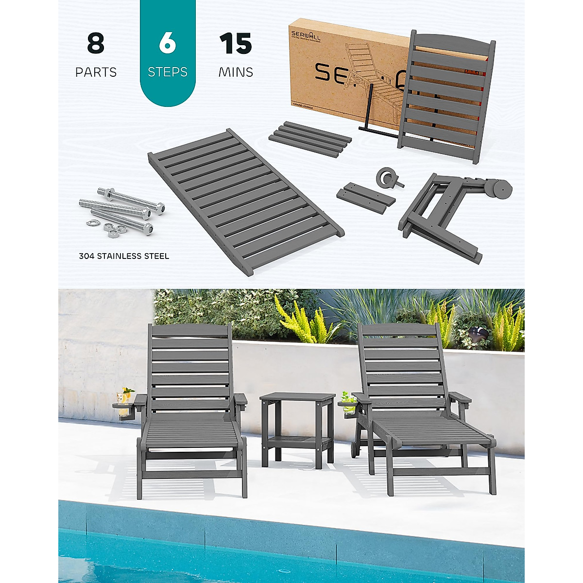 SERWALL Patio Chaise Lounge Chair Set of 2, 5 Positions Adjustable HDPE Outdoor Lounge Chair for Pool, Poly Lounge Chair with Rolling Wheels & Cup Holder for Poolside, Deck, Slate Gray