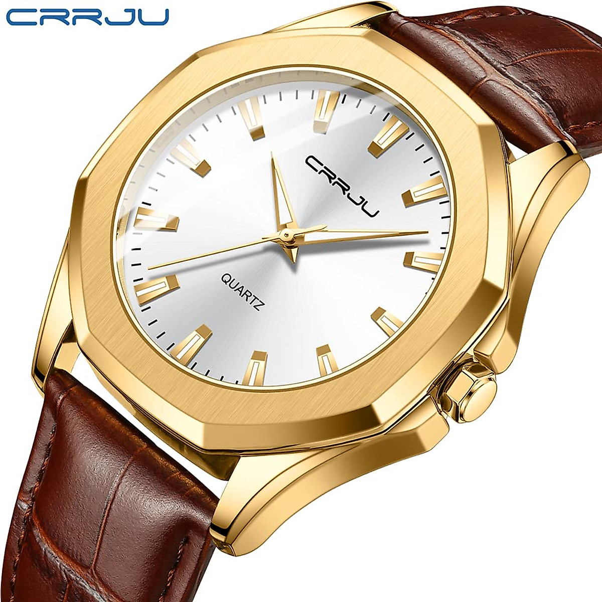 CRRJU Men's Golden Fashion Luxury Classical Leather Watches for Men Business Simple Luminous Analog Quartz Wristwatches