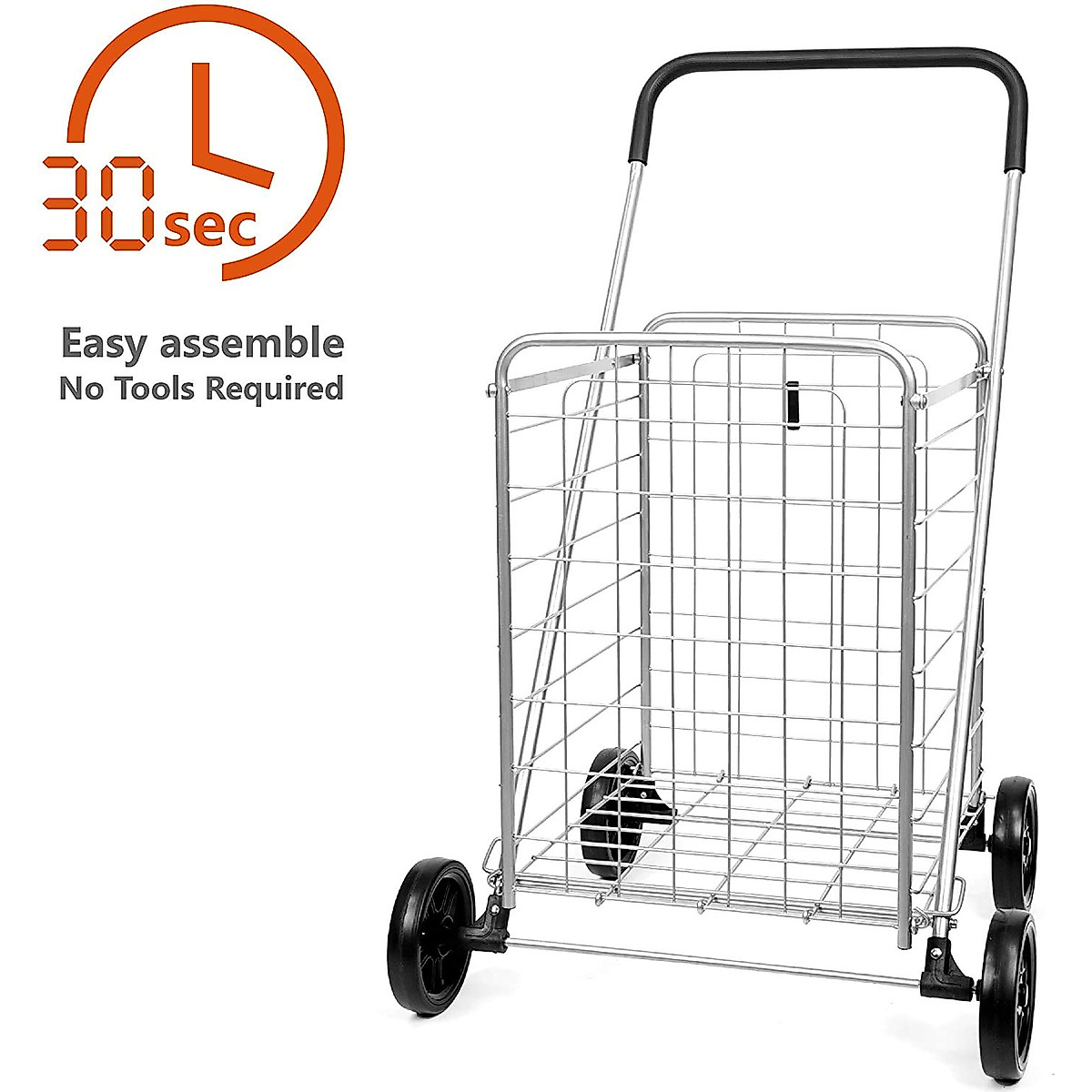 supenice Grocery Utility Shopping Cart - Deluxe Utility Cart with Oversized Basket and Tool Free Installation Light Weight Folding Cart with Wide Cushion Handle Bar for Laundry Book Luggage Travel