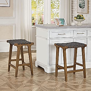 Ball & Cast Woven Strips Counter Height Bar Stools 24" H Backless Stool Chair, Dark Grey Faux Leather